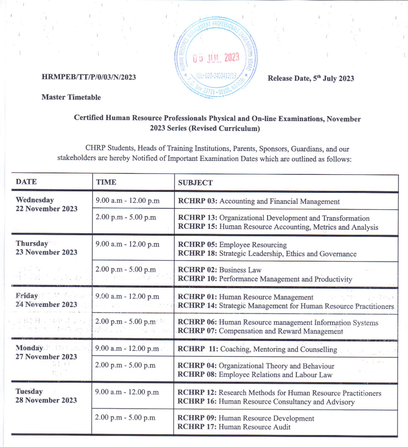 Master Timetable – HRMPEB